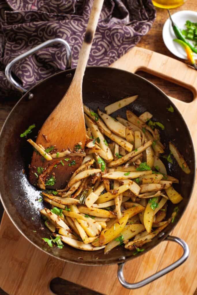 Arbi Ki Sabji (Stir Fried Taro Root) - Sinfully Spicy