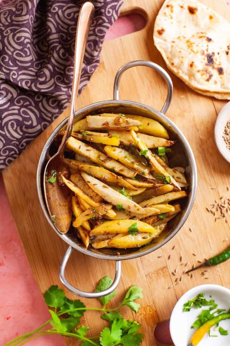 Arbi Ki Sabji (Stir Fried Taro Root) - Sinfully Spicy