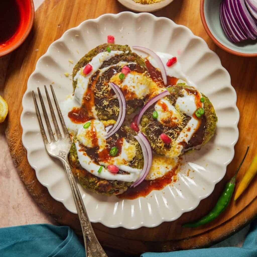 Matar Paneer Tikki Chaat (Peas & Paneer Patties) - Sinfully Spicy