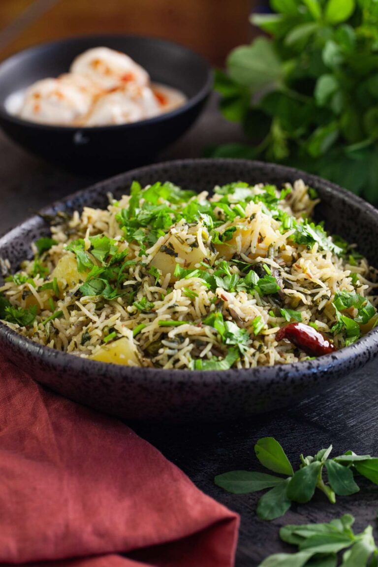 Instant Pot Methi Pulao - Sinfully Spicy